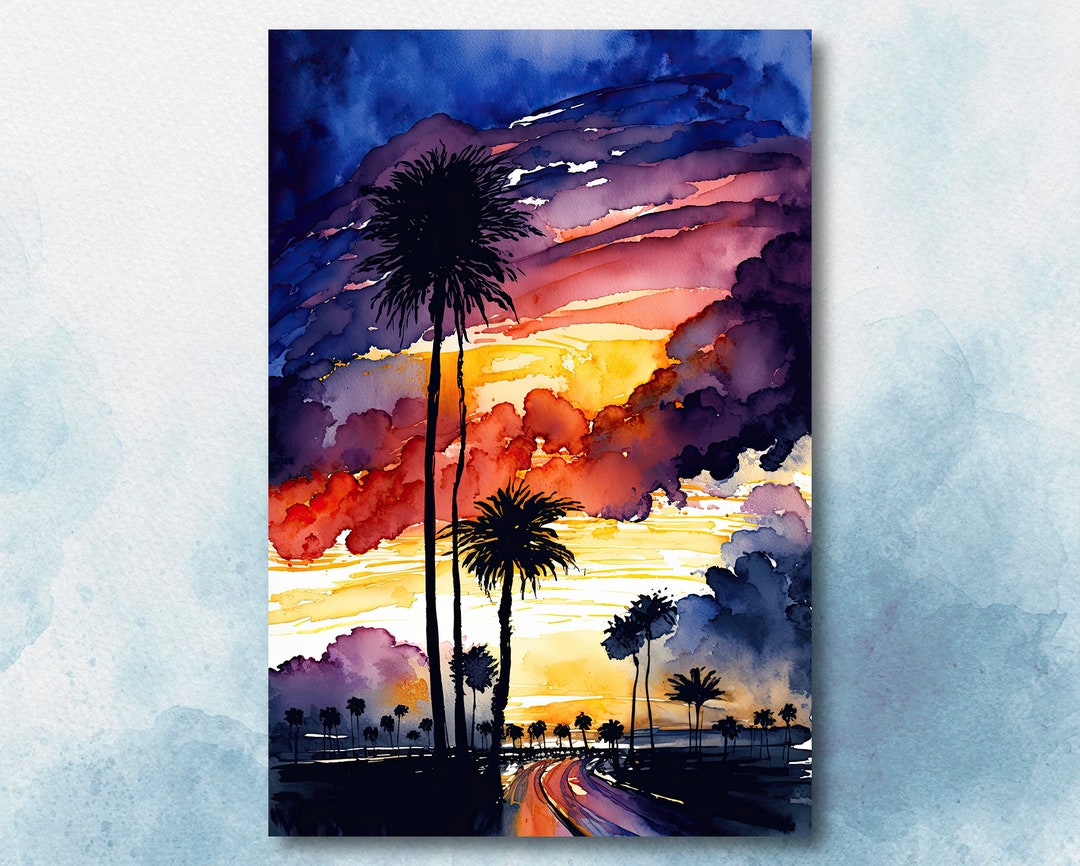 Palm Tree Sunset Art Print Watercolor Coastal Wall Art Nature Inspired ...