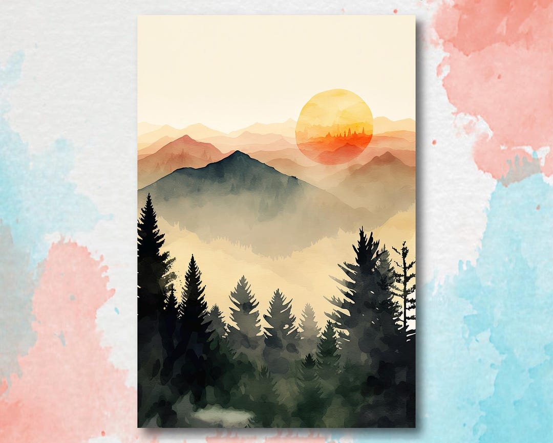 Mountain Forest Sunset Watercolor Print, Misty Landscape Wall Art ...