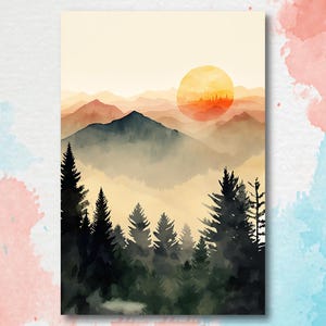 Mountain Forest Sunset Watercolor Print, Misty Landscape Wall Art ...