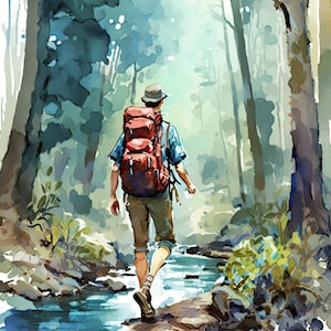 Hiking Mountain Forest Wall Art Watercolor Nature Inspired Backpacking ...
