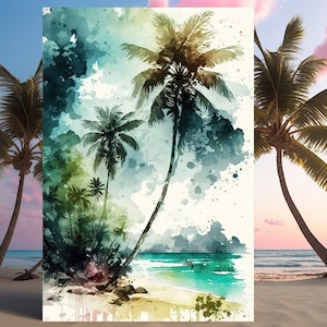 Tropical Palm Tree Beach Art Print Watercolor Coastal Wall Art Nature ...