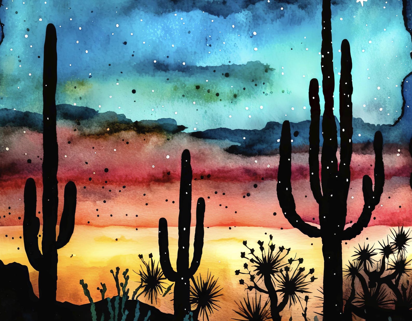 Desert Cactus Sunset Watercolor Print, Southwest Landscape Poster ...