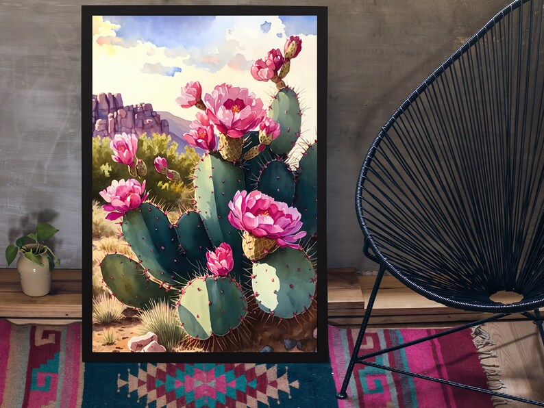 Flower Prickly Pear Cactus Print Watercolor Painting Botanical Desert ...