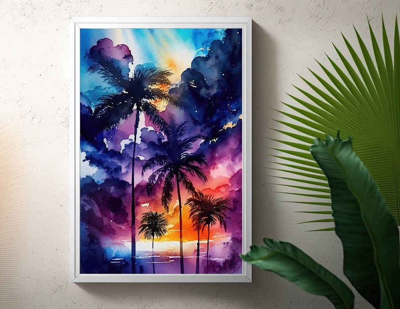 Palm Tree Sunset Art Print Watercolor Coastal Wall Art Nature - Etsy