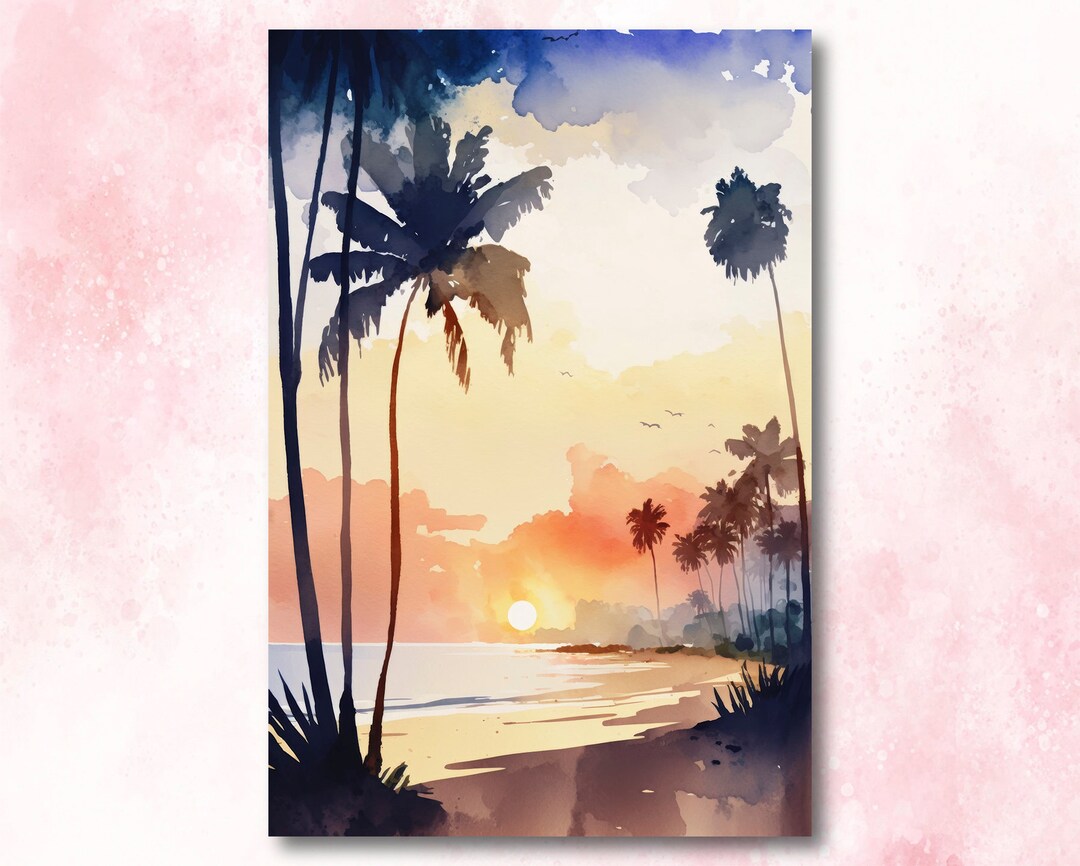 Palm Tree Sunset Art Print Tropical Watercolor Coastal Wall Art Nature ...