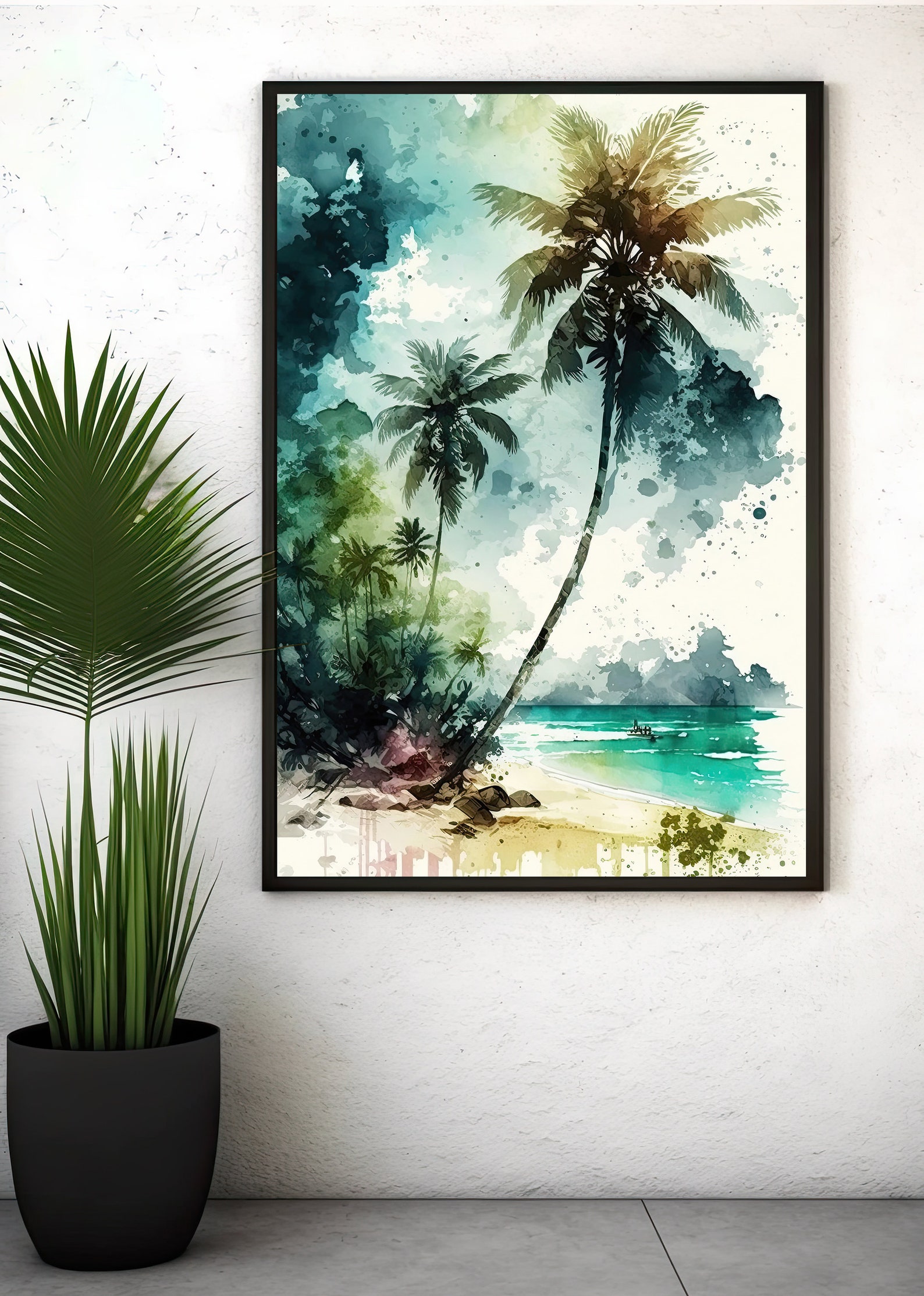 Tropical Palm Tree Beach Art Print Watercolor Coastal Wall Art - Etsy
