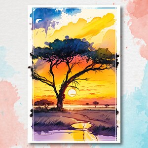 African Serengeti Sunset Wall Art Safari Print Africa Savanna ...