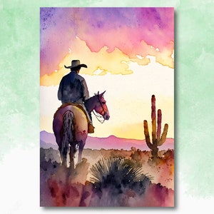 Cowboy Sunset Art Print Americana Watercolor Painting Rodeo Poster or ...