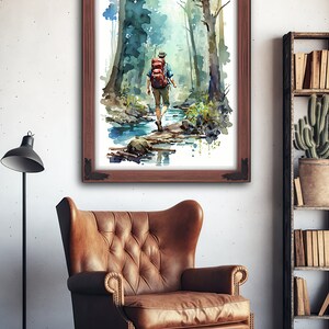 Hiking Mountain Forest Wall Art Watercolor Nature Inspired Backpacking ...