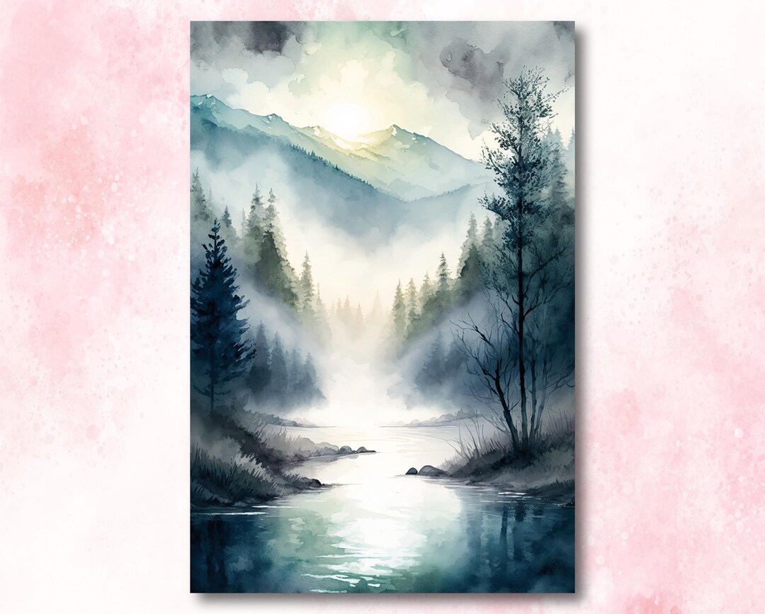 Misty Mountain River Watercolor Print, Forest Landscape Wall Art ...