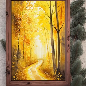 Golden Autumn Forest Path Watercolor Print, Fall Foliage Landscape ...