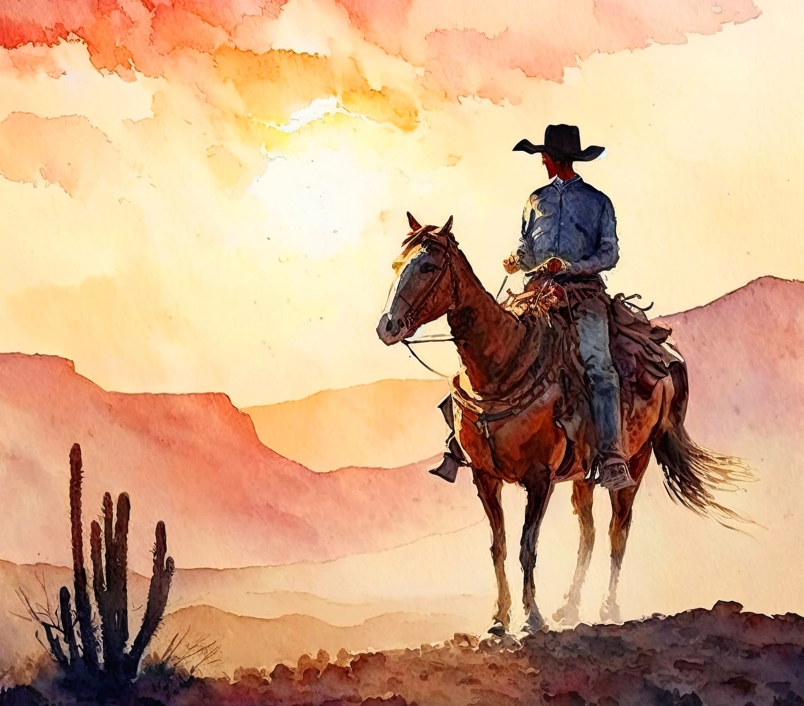 Cowboy Sunset Art Print Americana Watercolor Painting Rodeo Poster or ...