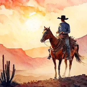 Cowboy Sunset Art Print Americana Watercolor Painting Rodeo Poster or ...