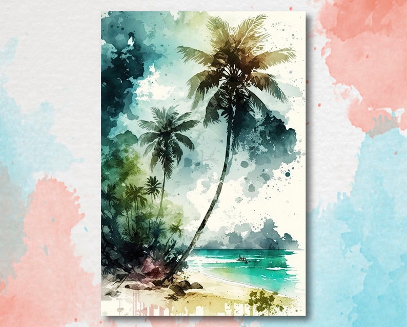 Tropical Palm Tree Beach Art Print Watercolor Coastal Wall Art - Etsy