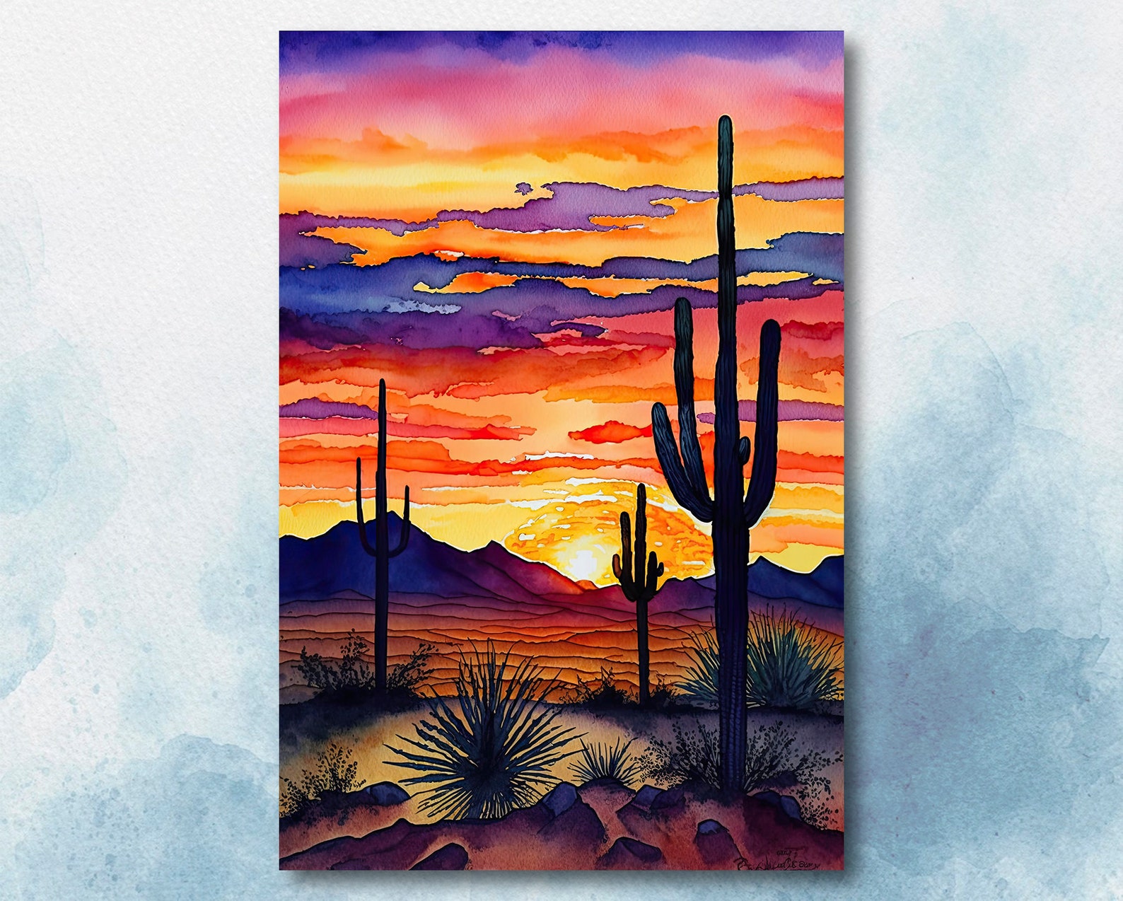 Desert Sunset Print Colorful Watercolor Wall Art Southwest Landscape ...