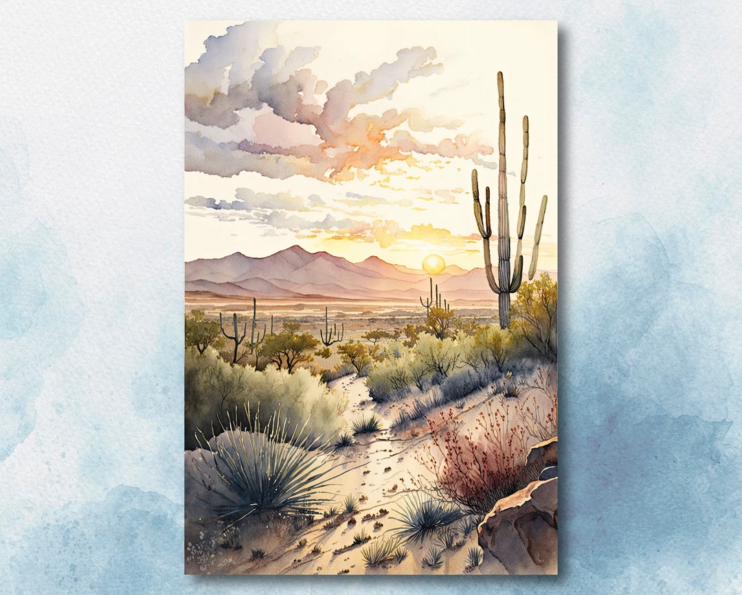 Desert Sunset Print Colorful Watercolor Wall Art Southwest Landscape ...