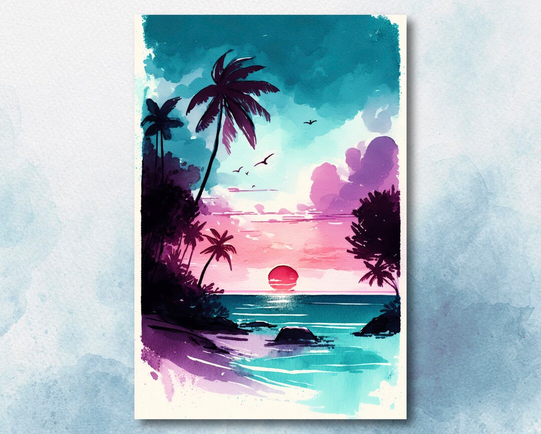 Palm Tree Sunset Art Print Tropical Watercolor Coastal Wall Art Nature ...