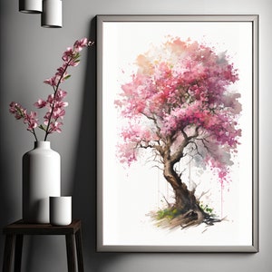 Japanese Pink Sakura Cherry Blossom Bonsai Tree Wall Art Asian Print ...