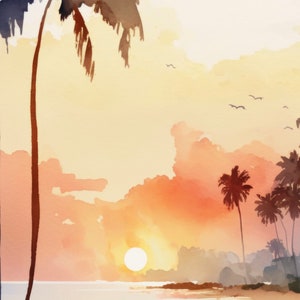 Palm Tree Sunset Art Print Tropical Watercolor Coastal Wall Art Nature ...