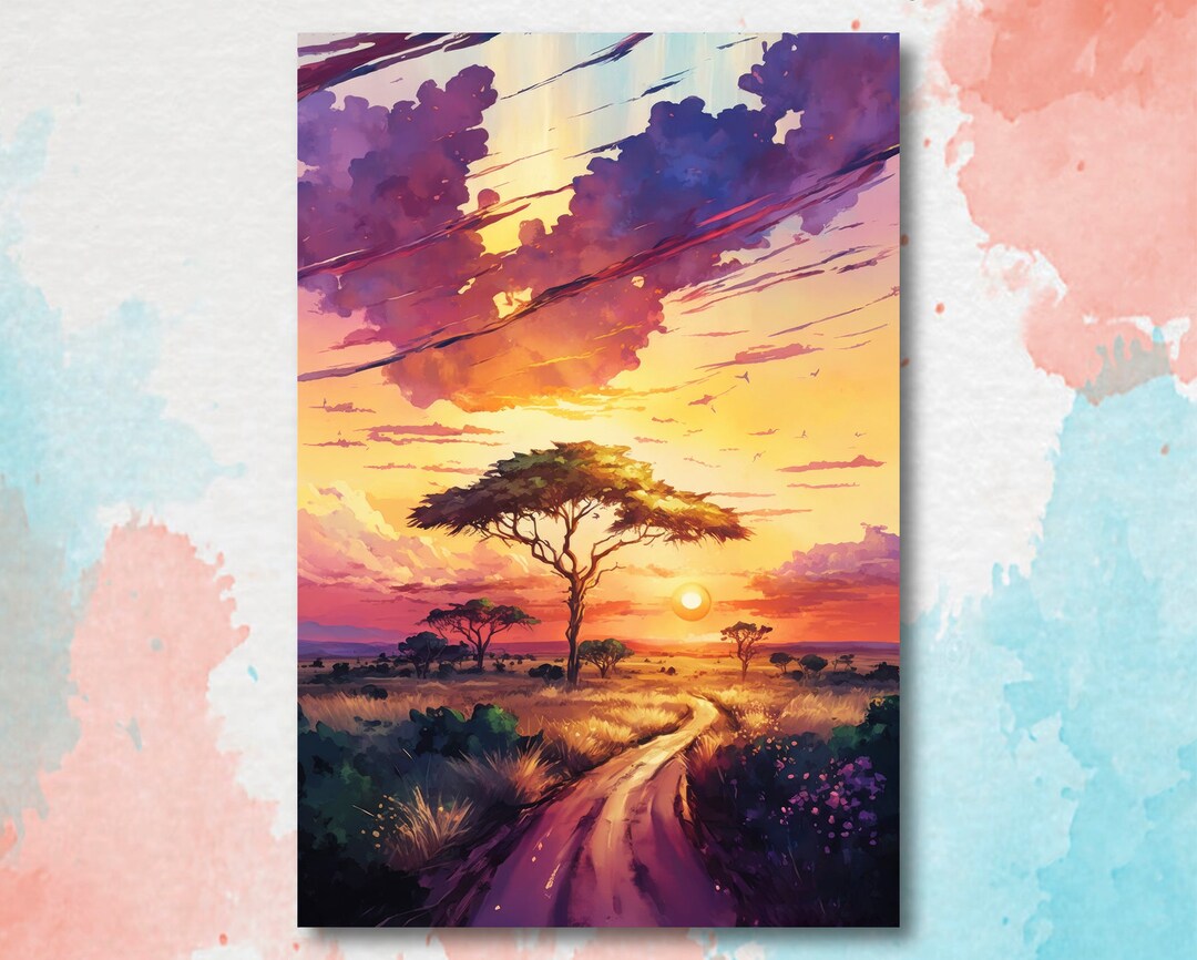 African Serengeti Sunset Wall Art Safari Print Africa Savanna ...
