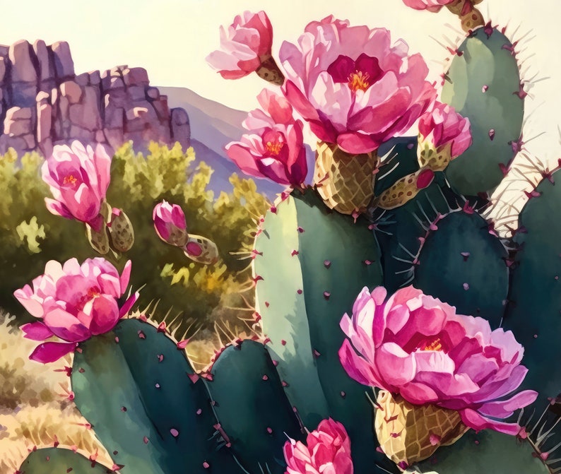 Flower Prickly Pear Cactus Print Watercolor Painting Botanical - Etsy