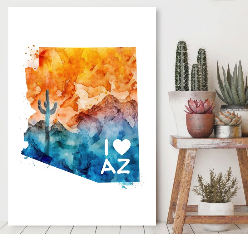 Arizona State Map Wall Art AZ Sonoran Desert Print Southwest Watercolor ...