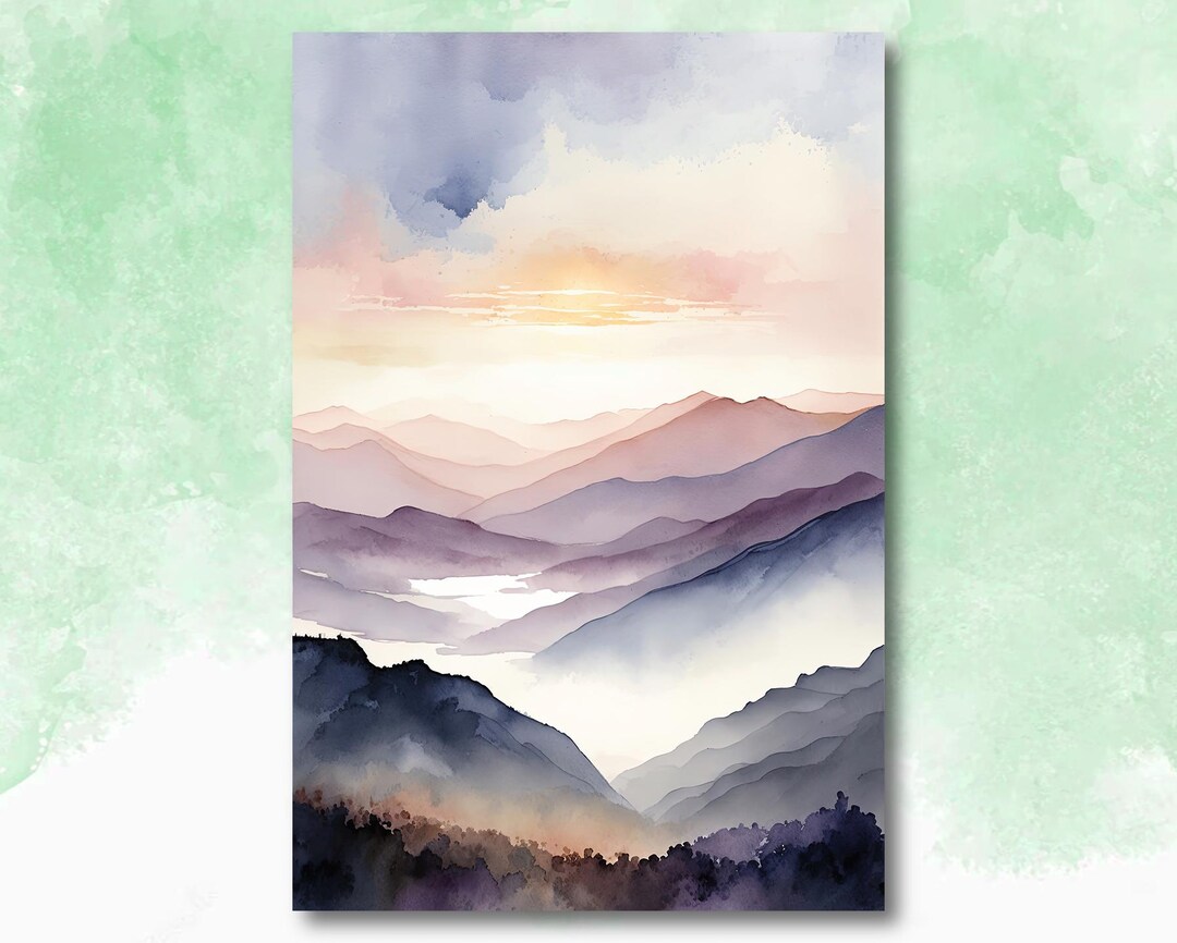 Mountain Sunrise Watercolor Print, Soft Pastel Landscape Wall Art ...