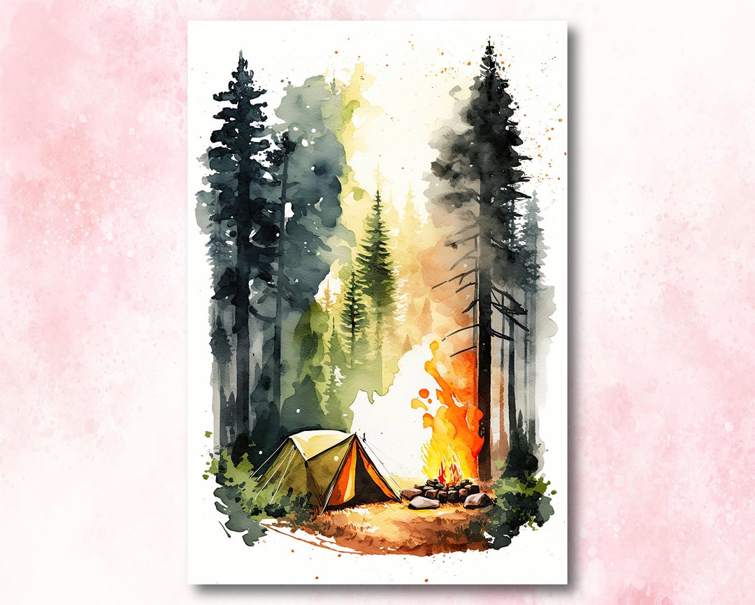 Camping Tent and Campfire Forest Wall Art Print Camper Decor Nature ...