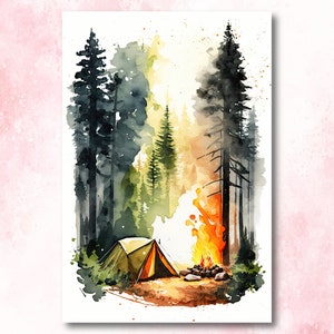 Camping Tent and Campfire Forest Wall Art Print Camper Decor Nature ...