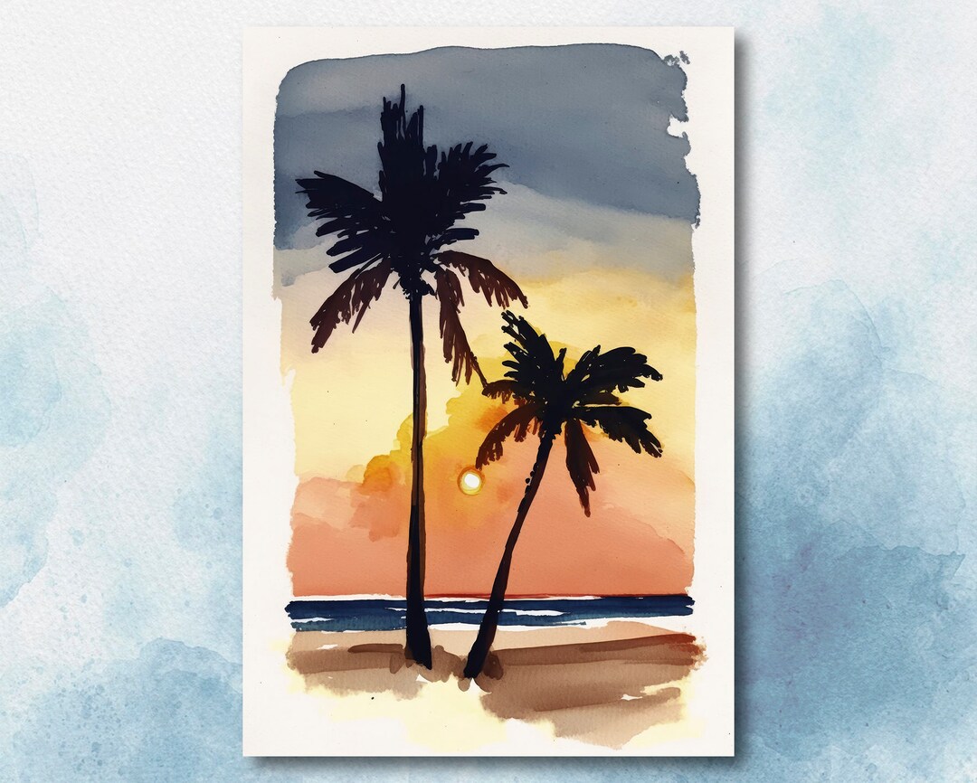 Palm Tree Sunset Art Print Tropical Watercolor Coastal Wall Art Nature ...