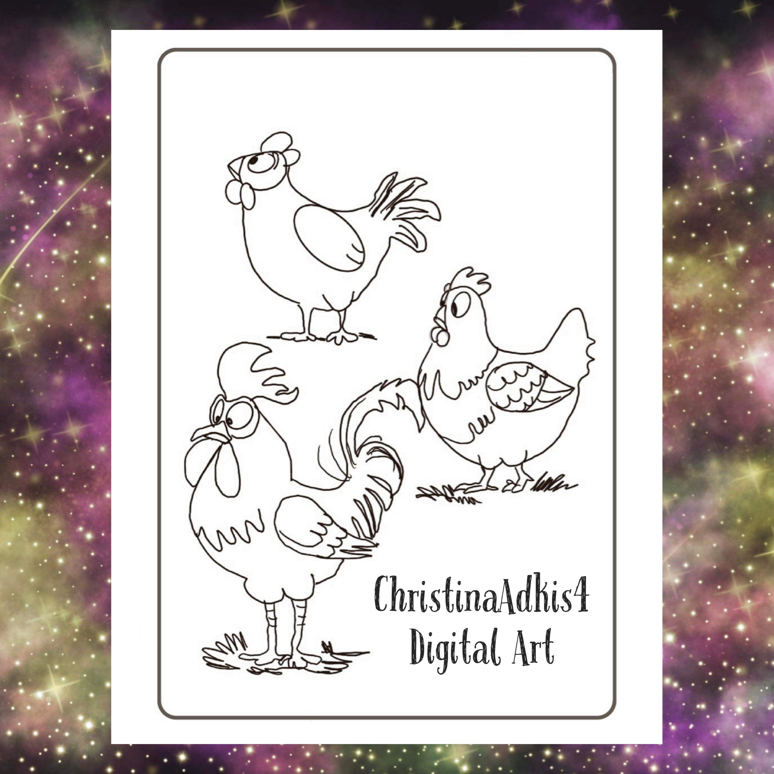 Cartoon Chickens and Rooster Line Drawing Coloring Page - Etsy