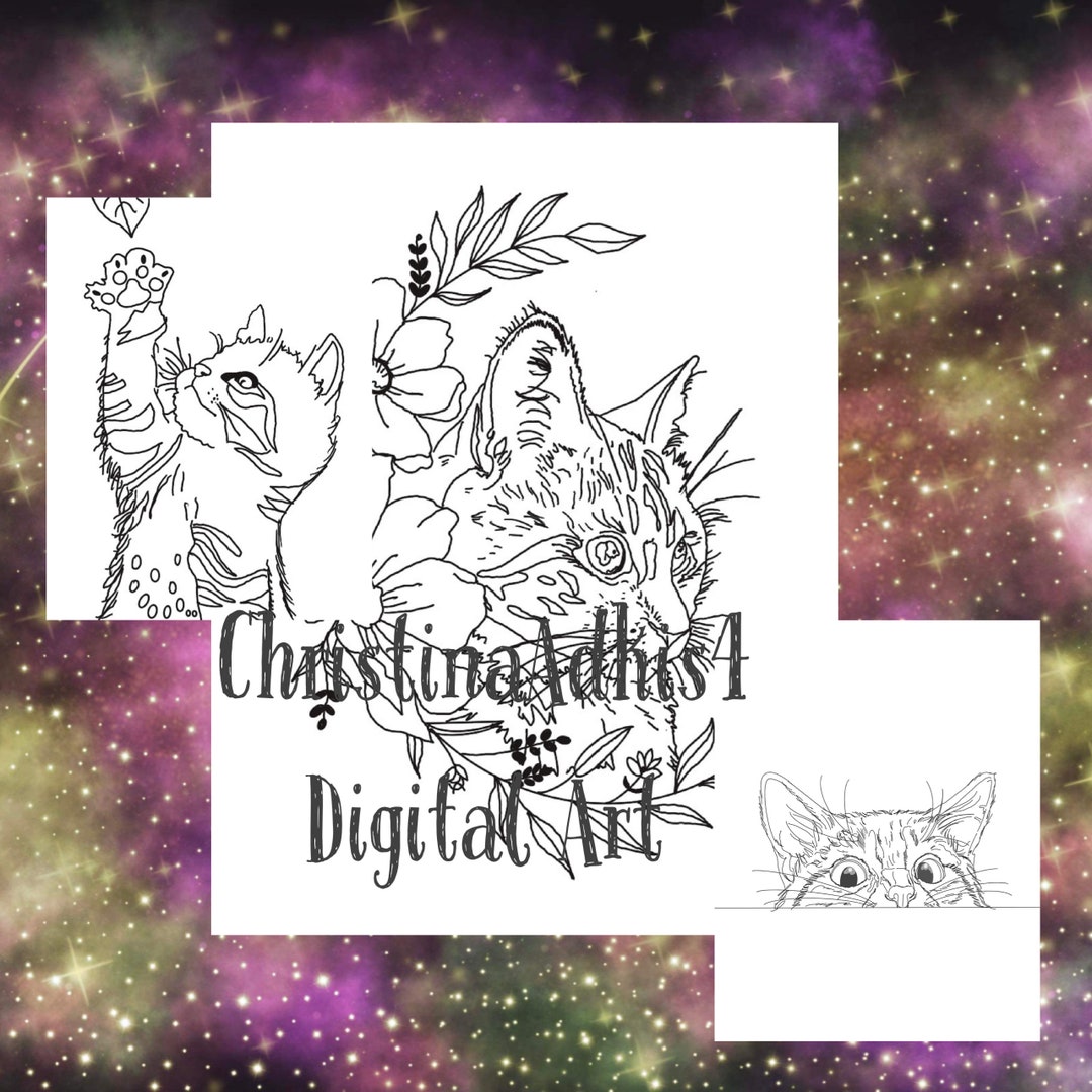 Set of Three Line Drawing Kitten and Cat Digital Printable Coloring ...