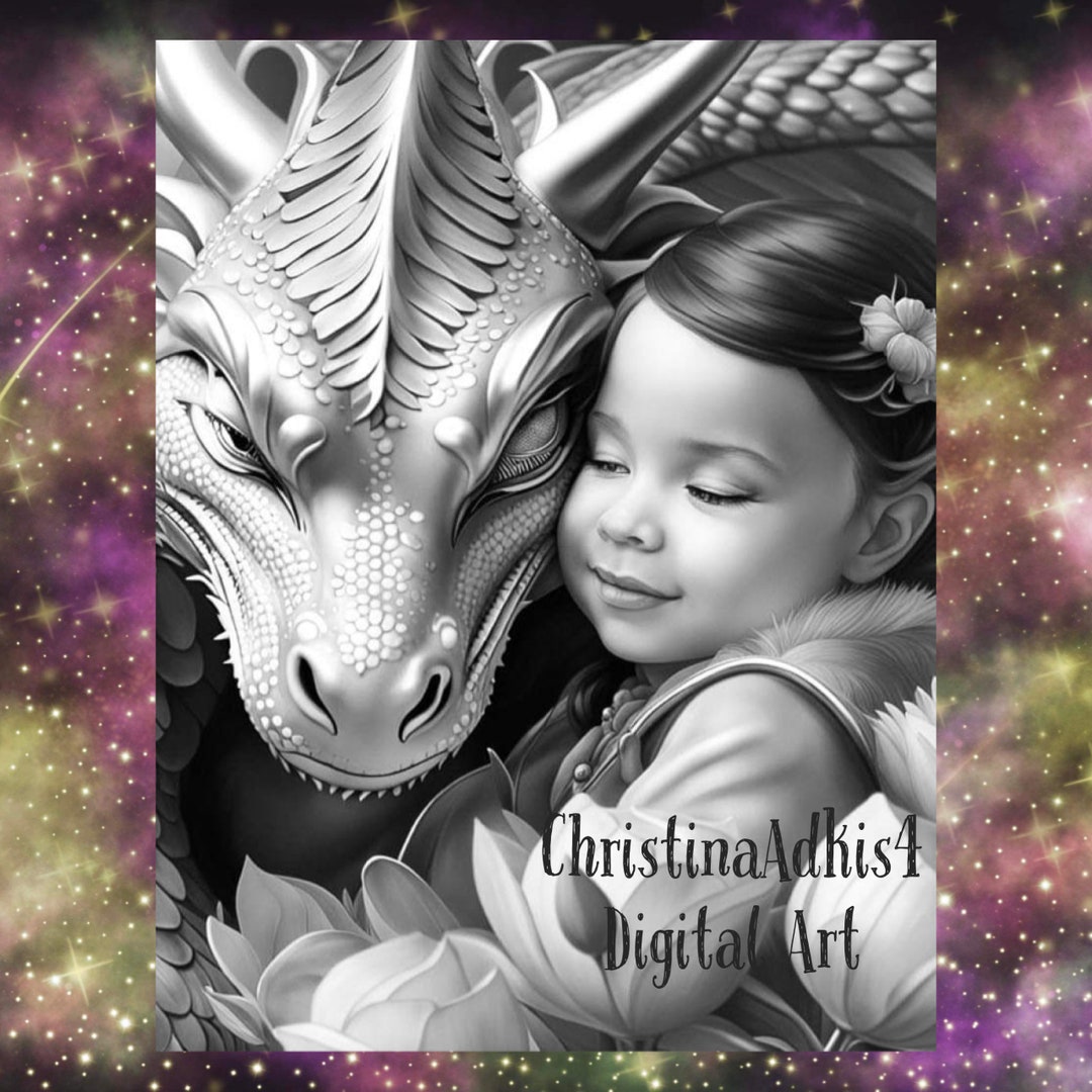 A Girl and Her Dragon Grayscale Coloring Page - Etsy
