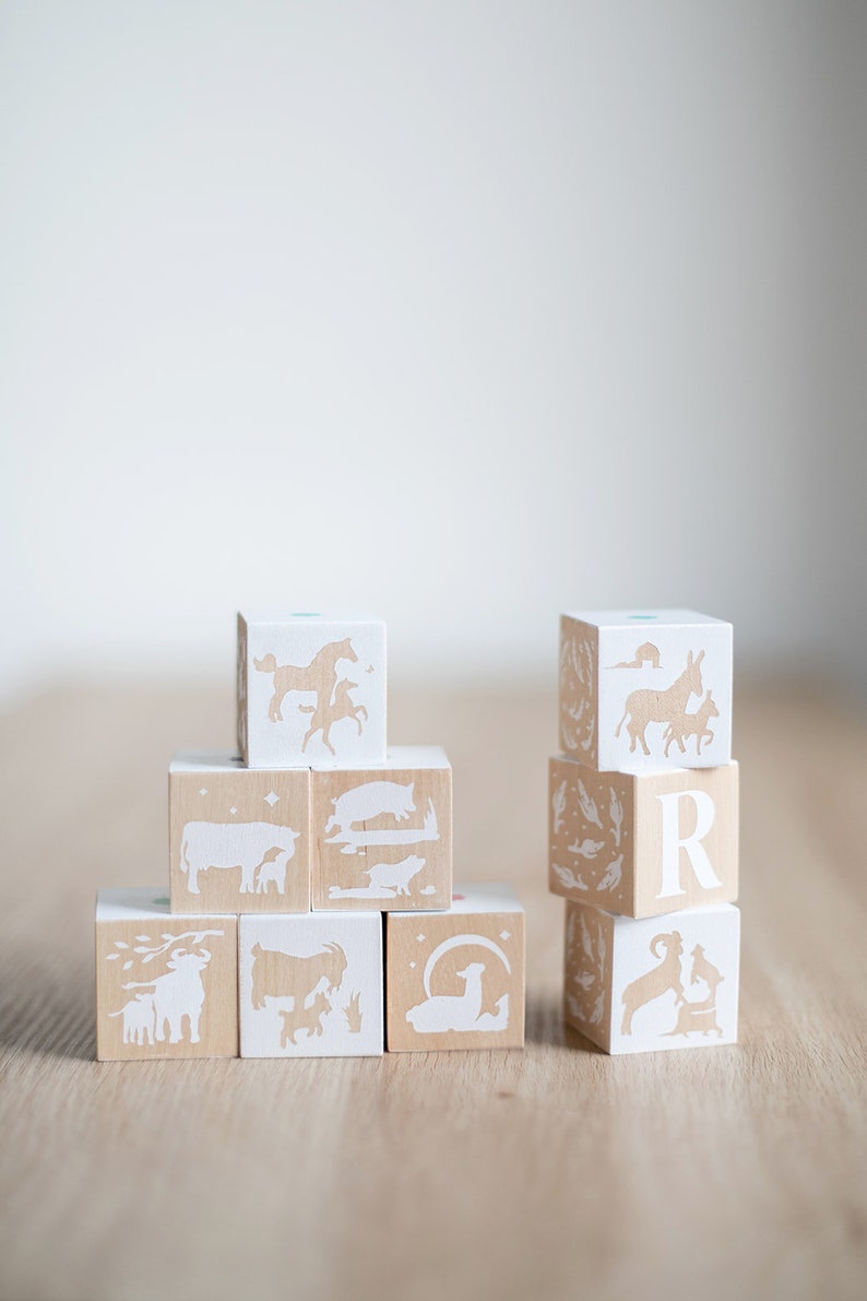 Toy Farm Animal Blocks ONE OF A KIND White, Wood Educational Alphabet ...