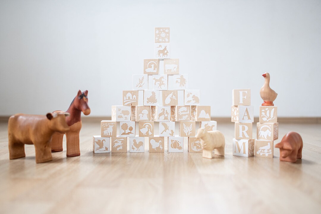 Toy Farm Animal Blocks ONE OF A KIND White, Wood Educational Alphabet ...