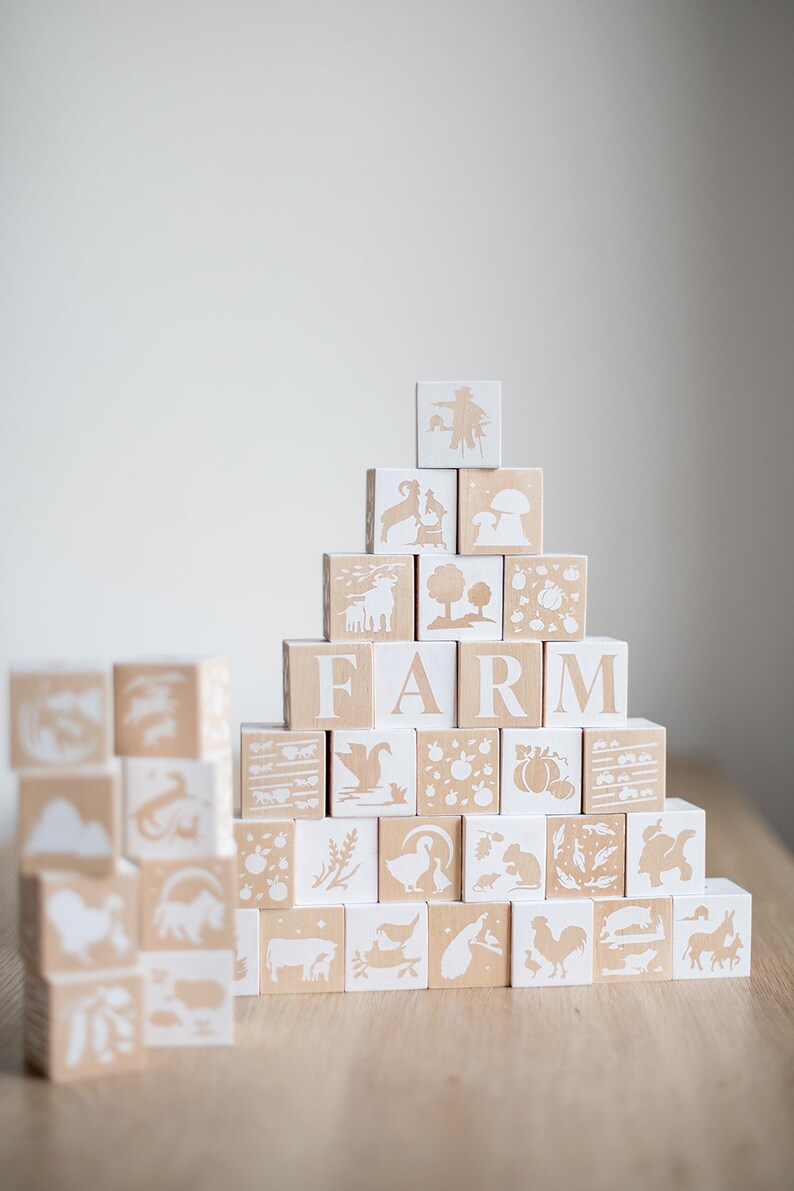 Toy Farm Animal Blocks ONE OF A KIND White, Wood Educational Alphabet ...