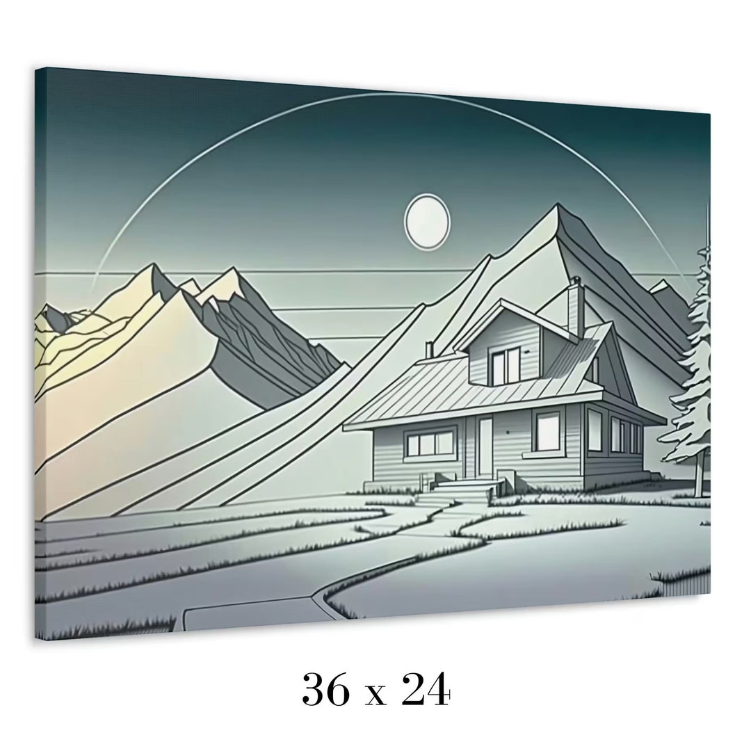 Mountain Sunset: Monochrome Drawing With Colorful Accent - 24 X 36 Inch ...