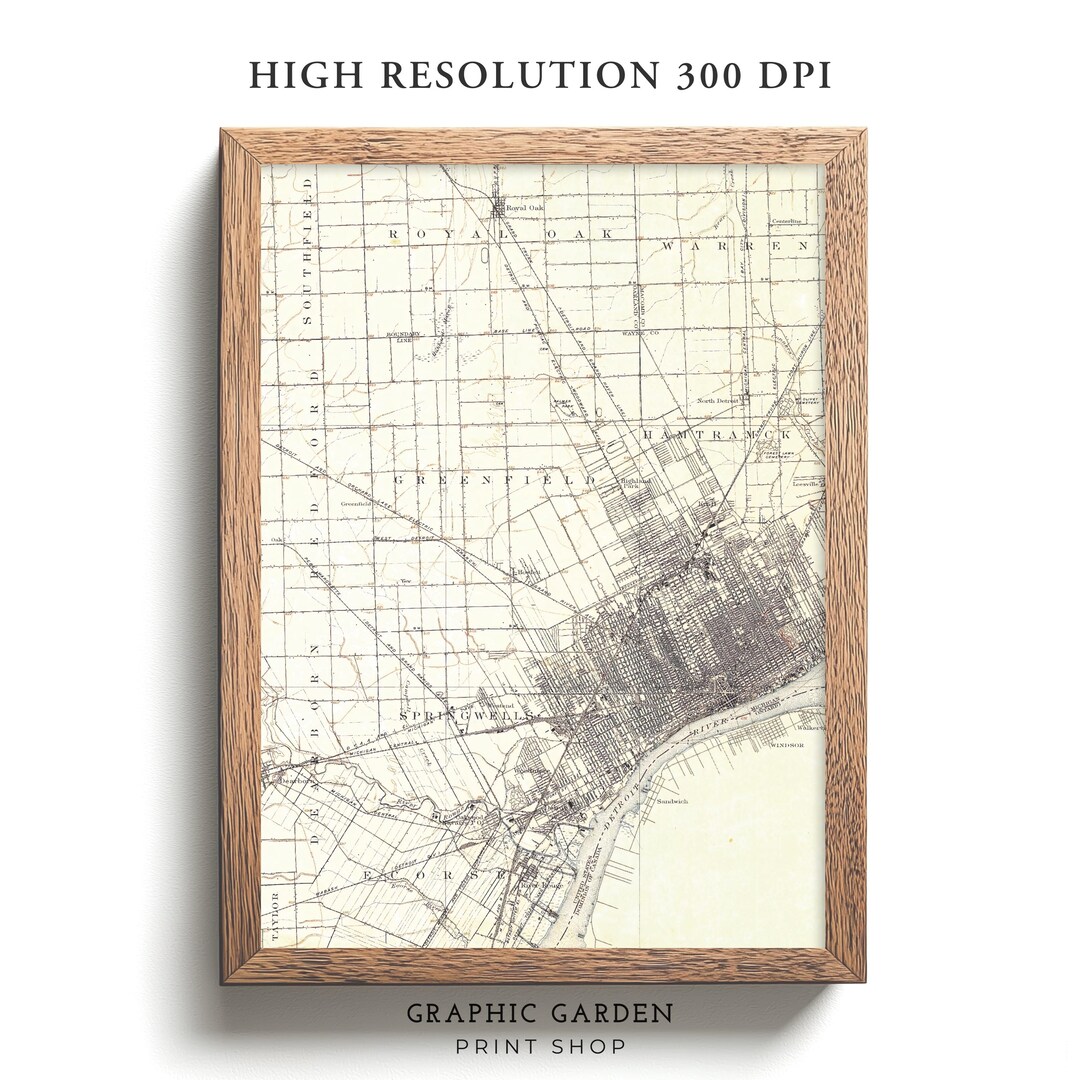 Detroit Vintage Map Printable, Geological Elevation Rustic Wall Art ...