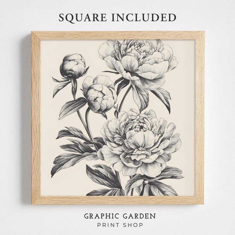 Line Art Peony Print, Botanical Drawing Wall Art, Black & White Sketch ...