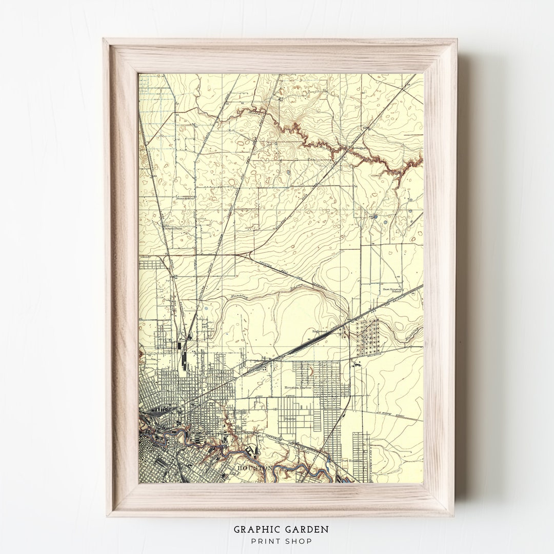 Houston Texas Vintage Map Print Geological Elevation Vertical Wall Art ...