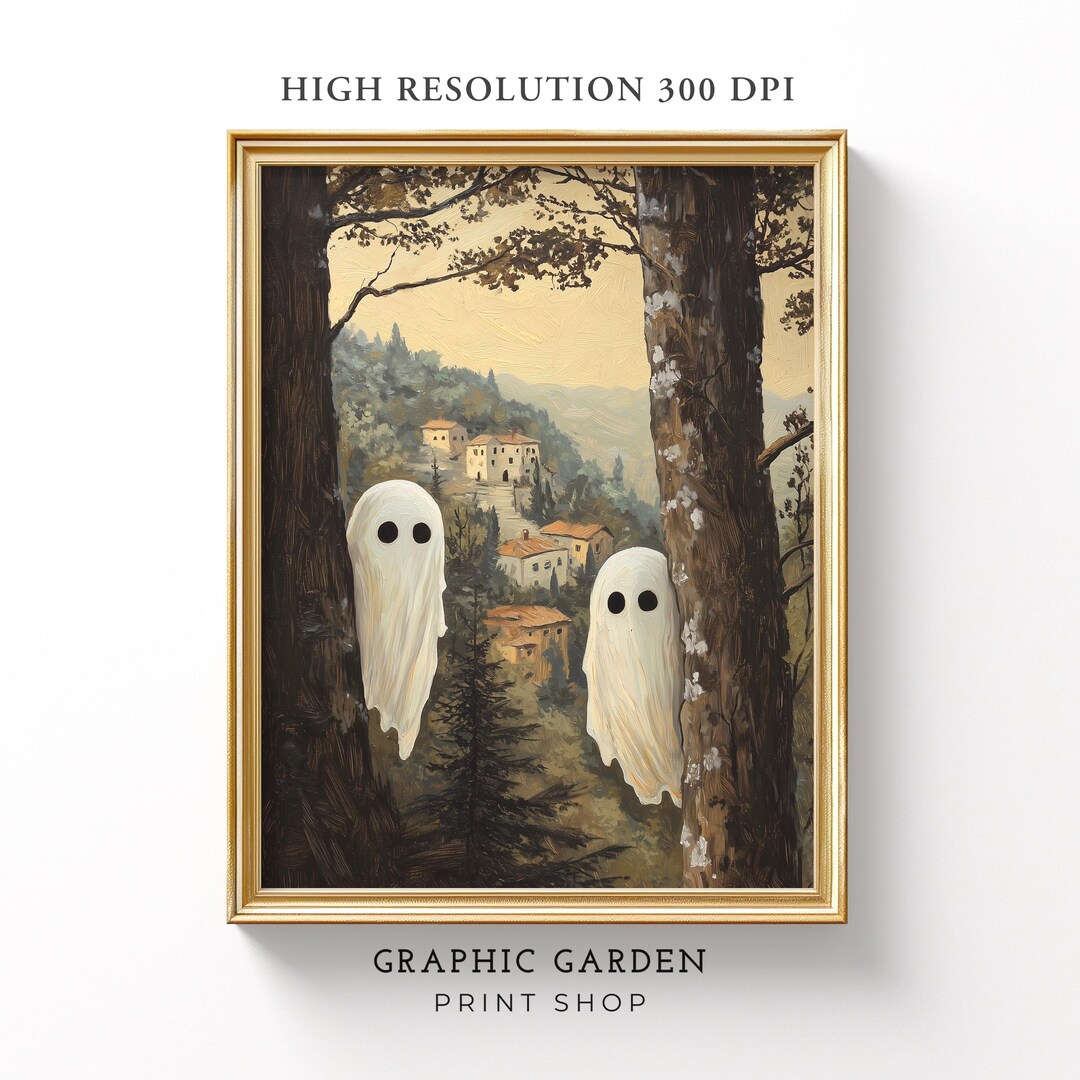 Cute Ghosts Painting, Vintage Halloween Printable, Muted Country ...