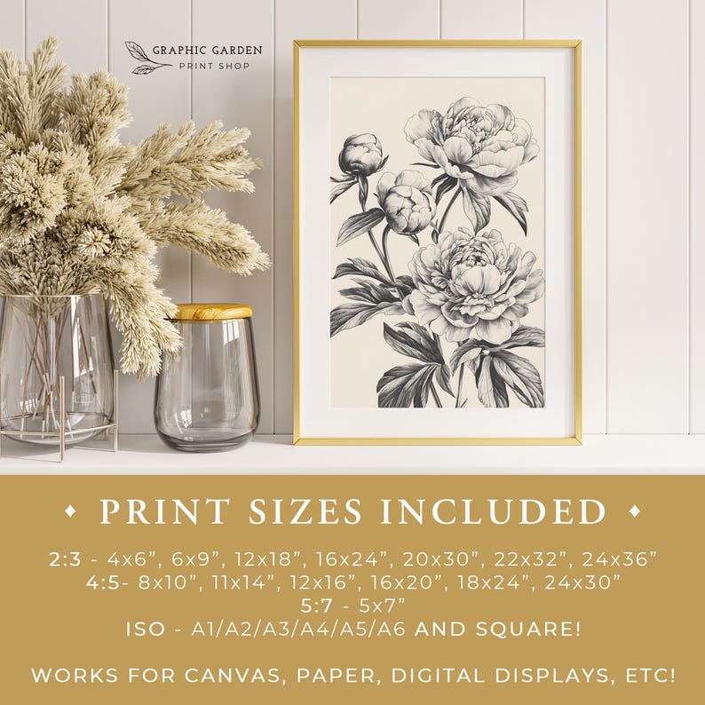 Line Art Peony Print, Botanical Drawing Wall Art, Black & White Sketch ...