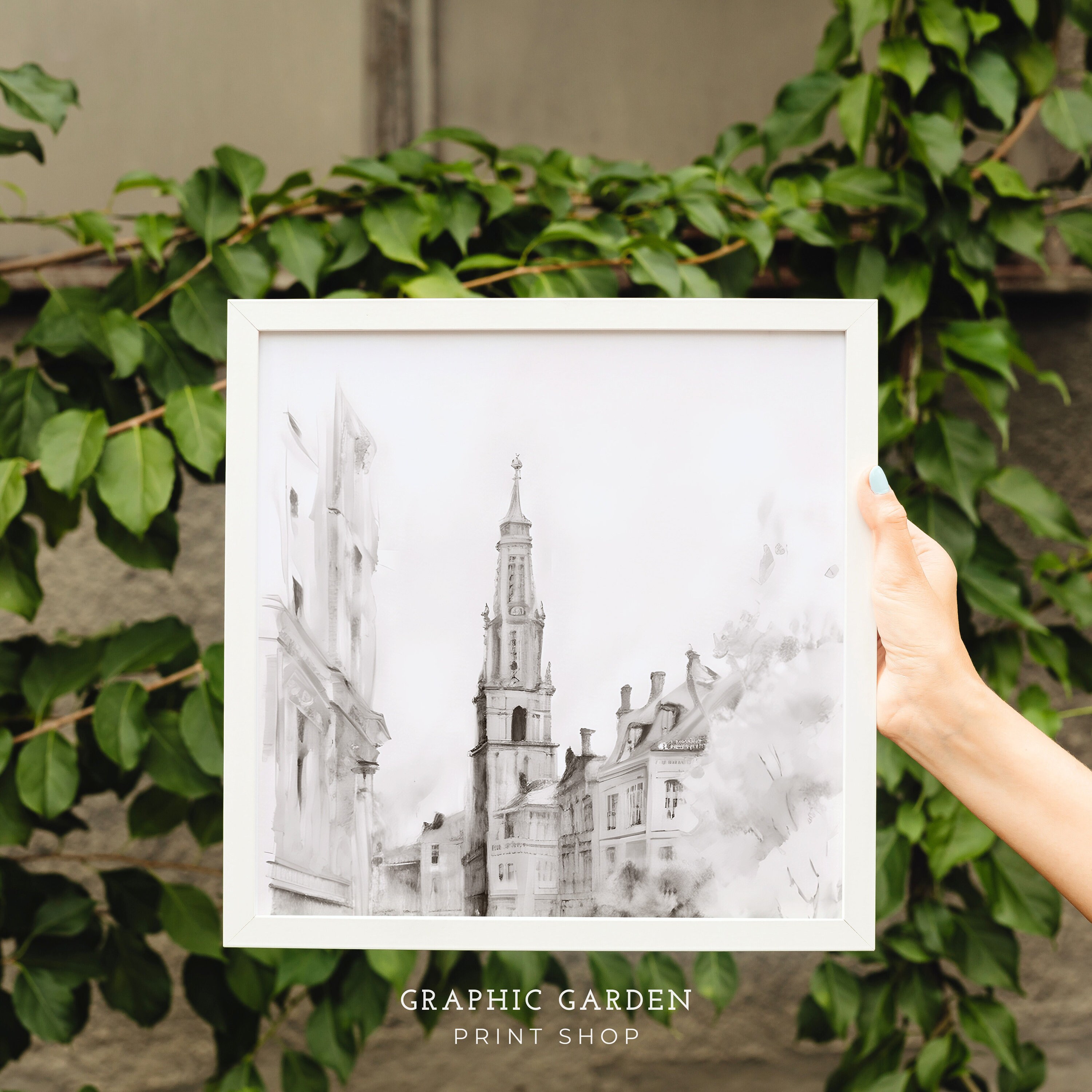Europe City Drawing Vintage Sketch Printable Antique Cityscape Wall Art ...