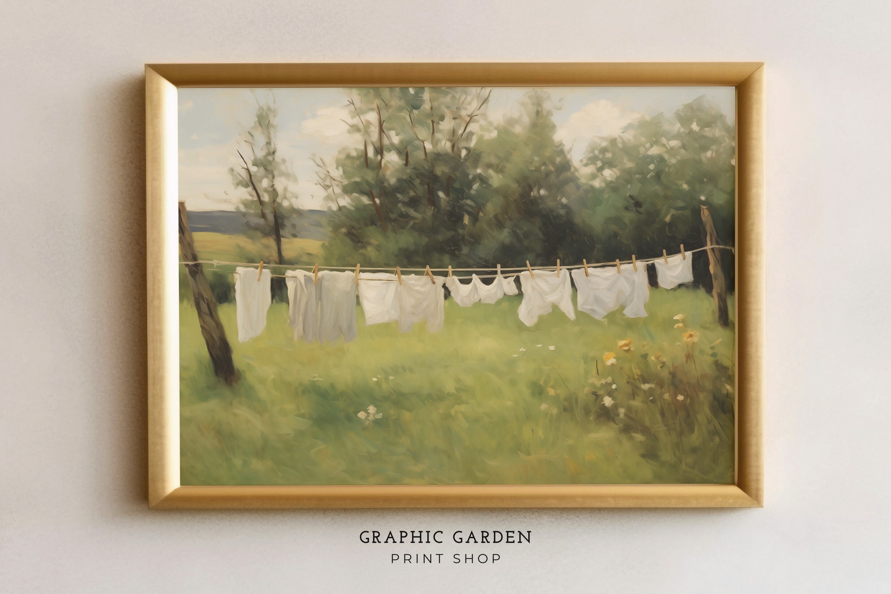 Laundry Line Oil Painting Vintage Wildflower Printable Country ...
