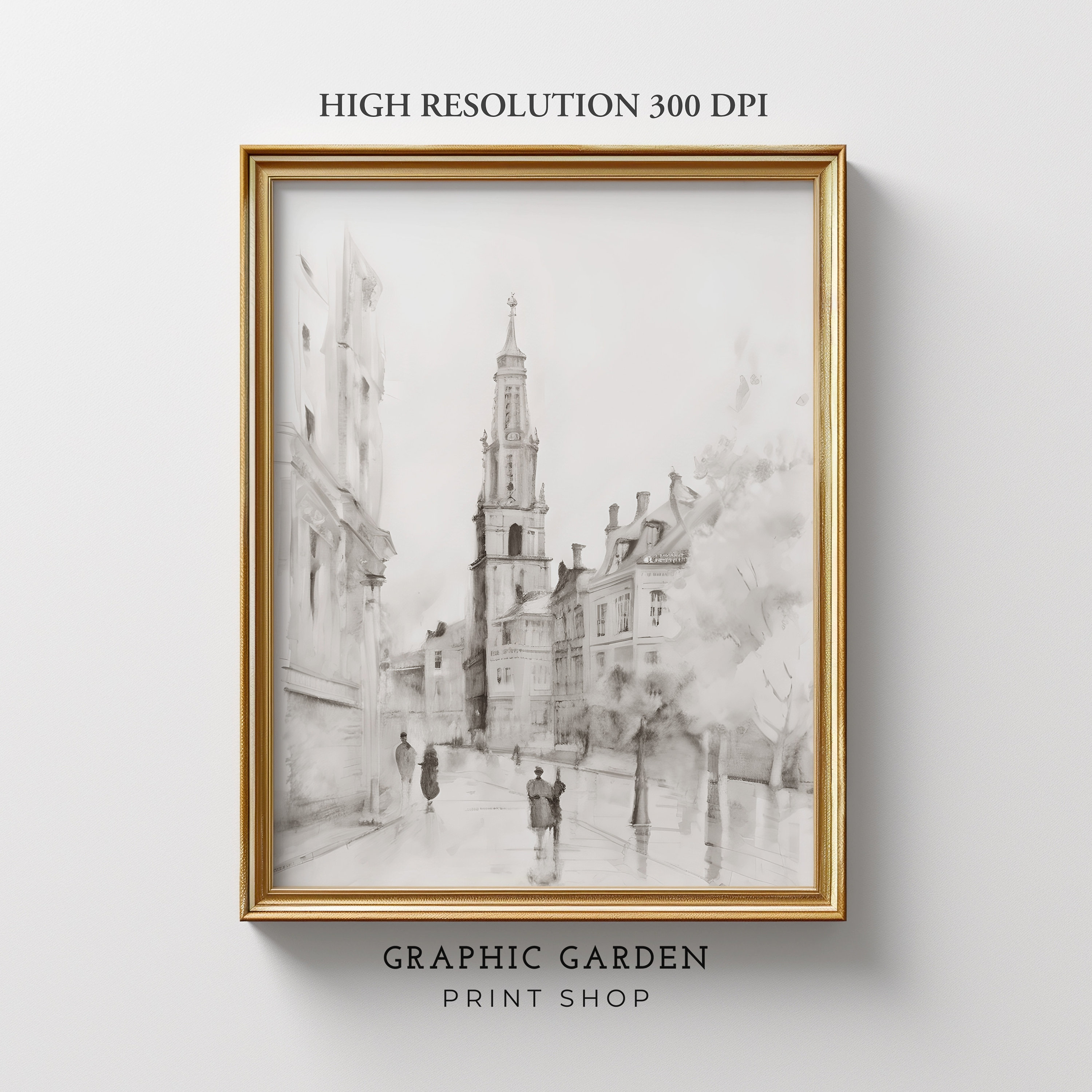 Europe City Drawing Vintage Sketch Printable Antique Cityscape Wall Art ...