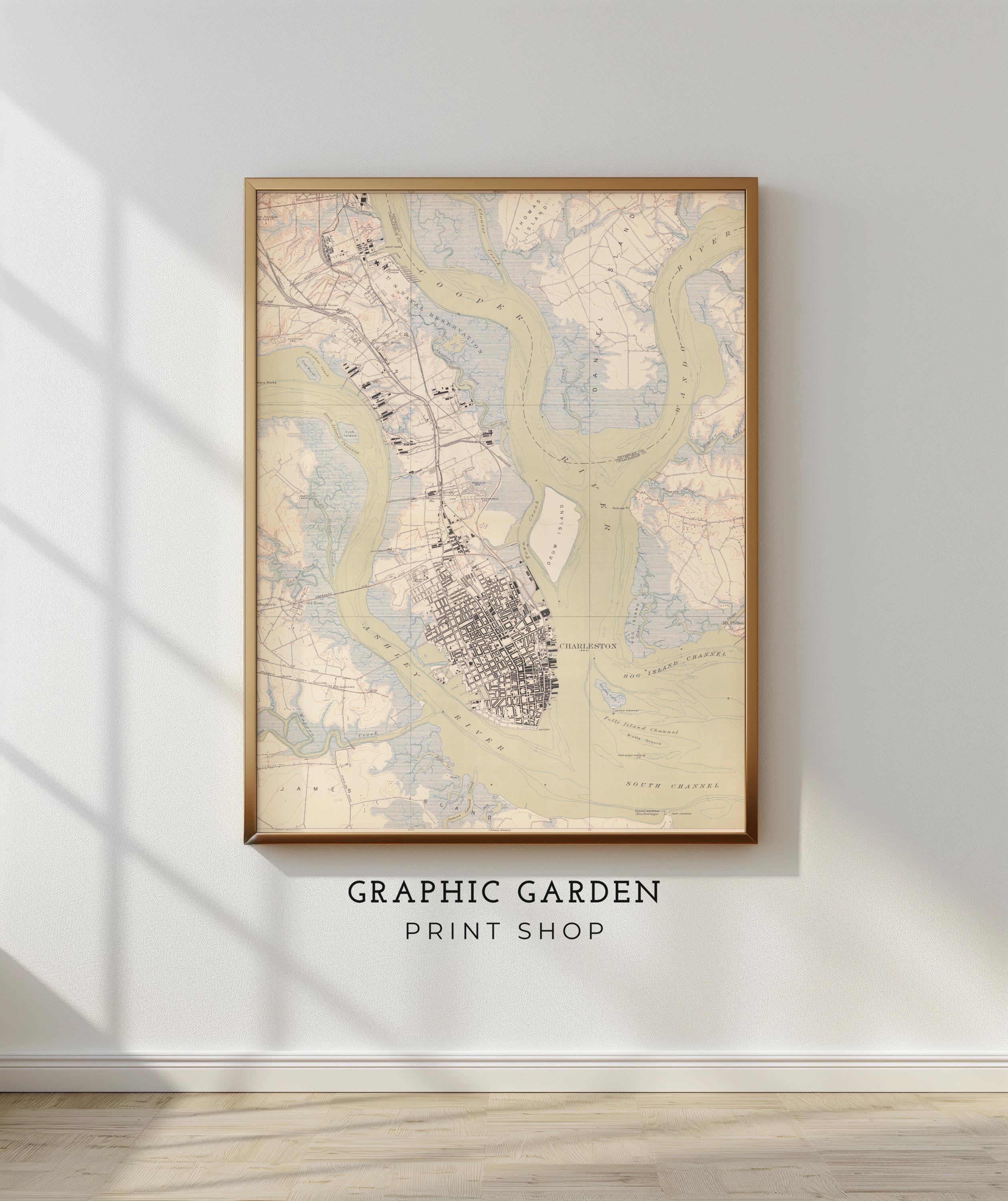 Charleston Vintage Map Printable, Geological Elevation Wall Art ...