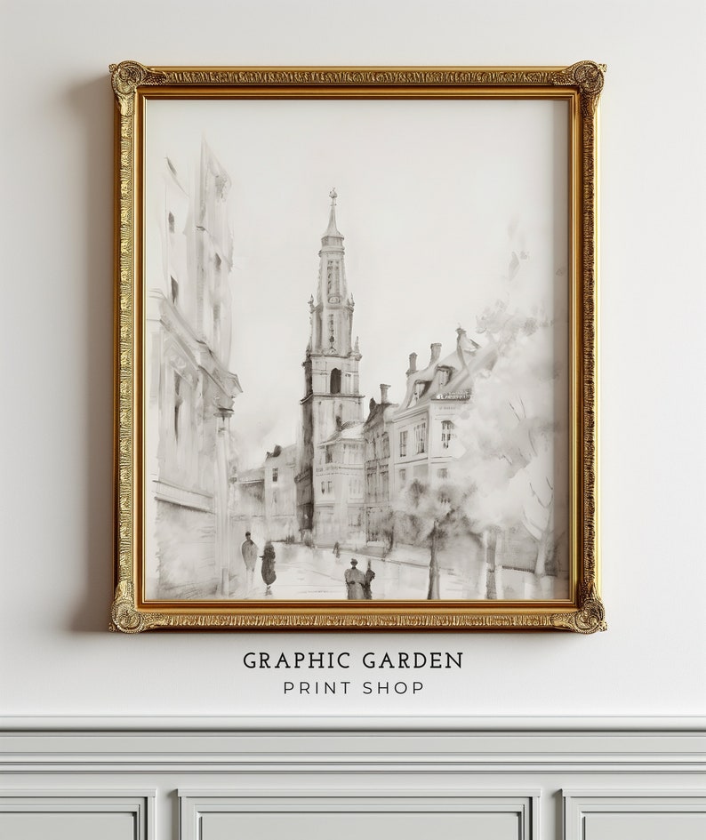 Europe City Drawing Vintage Sketch Printable Antique Cityscape Wall Art ...