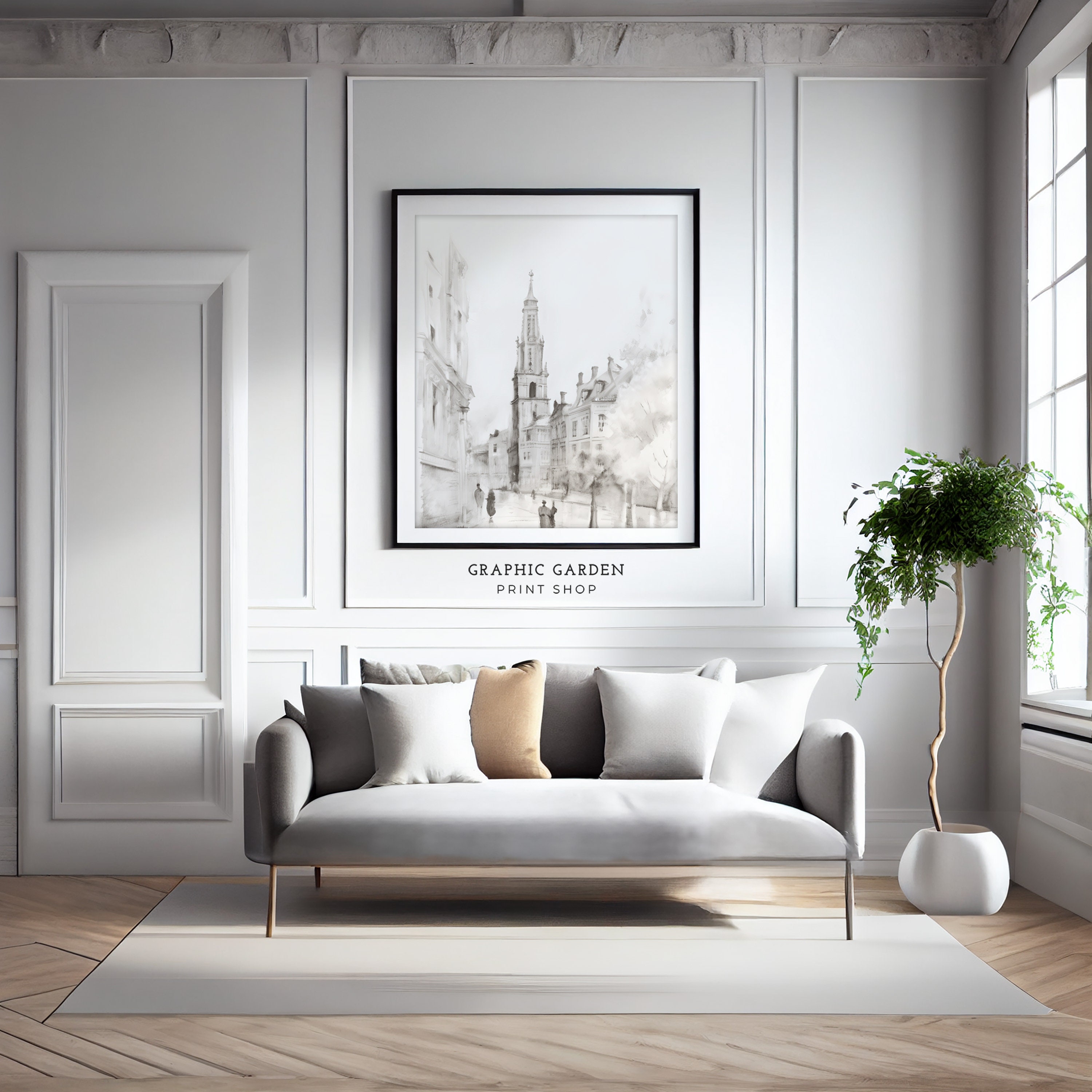 Europe City Drawing Vintage Sketch Printable Antique Cityscape Wall Art ...