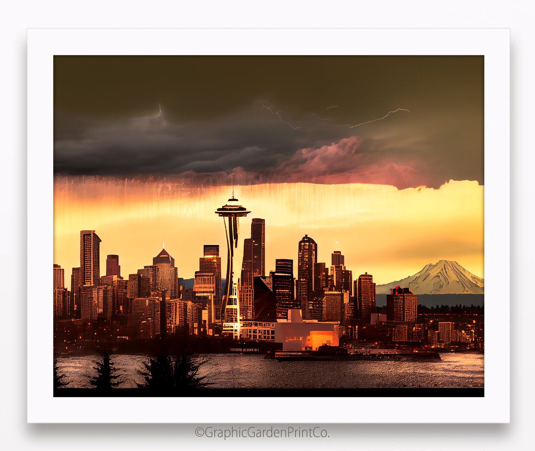 Seattle Washington Skyline Wall Art, Sunset Cityscape Horizontal ...