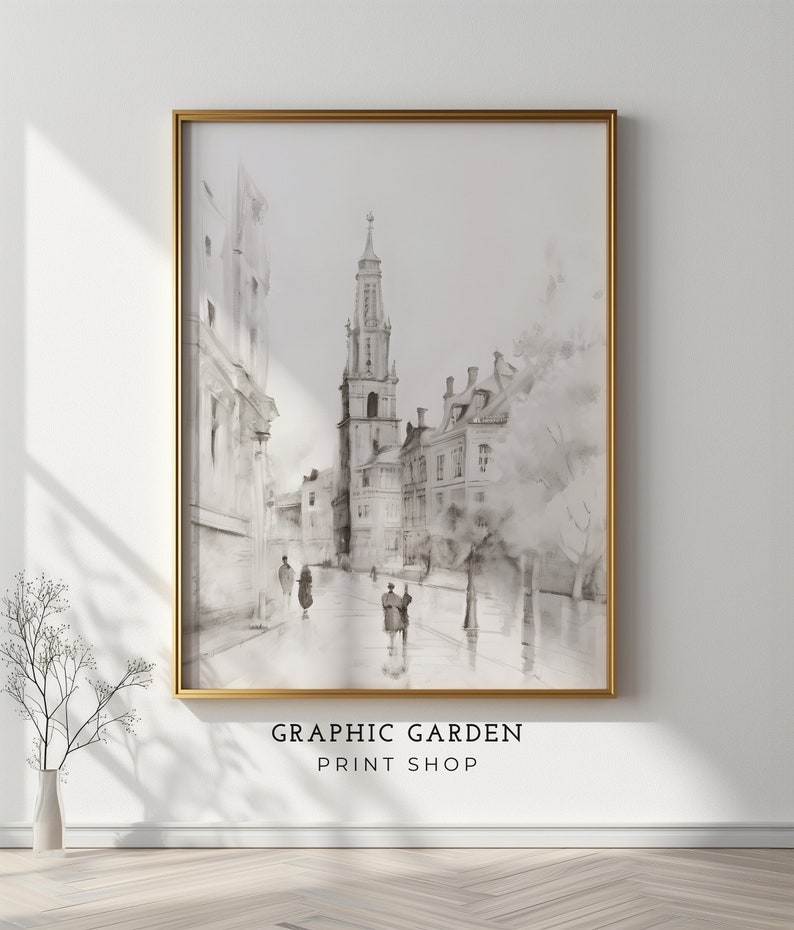 Europe City Drawing Vintage Sketch Printable Antique Cityscape Wall Art ...